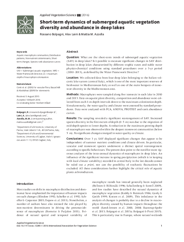 (PDF) Short-term dynamics of submerged aquatic vegetation diversity and ...