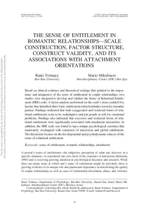 (PDF) The sense of entitlement in romantic relationships—Scale construction, factor structure ...
