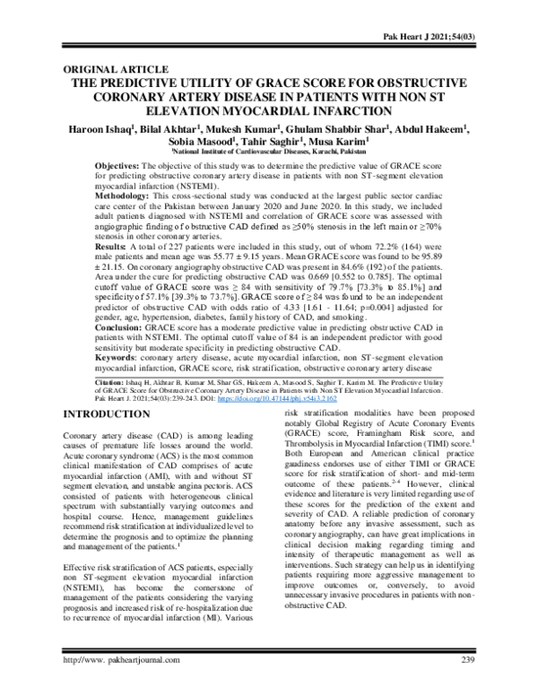 (PDF) The Predictive Utility of Grace Score for Obstructive Coronary ...