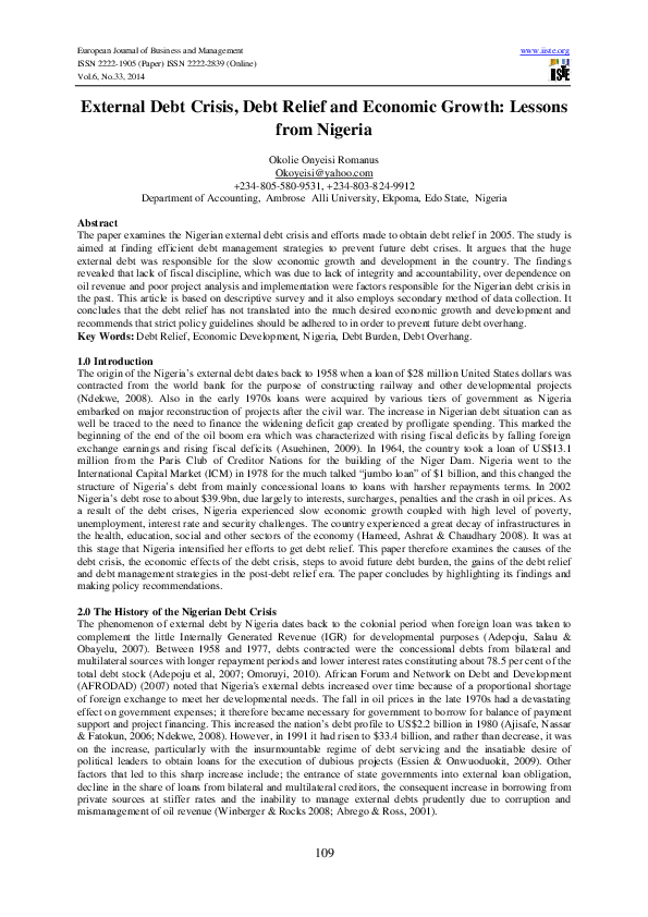 (PDF) External Debt Crisis, Debt Relief and Economic Growth: Lessons ...
