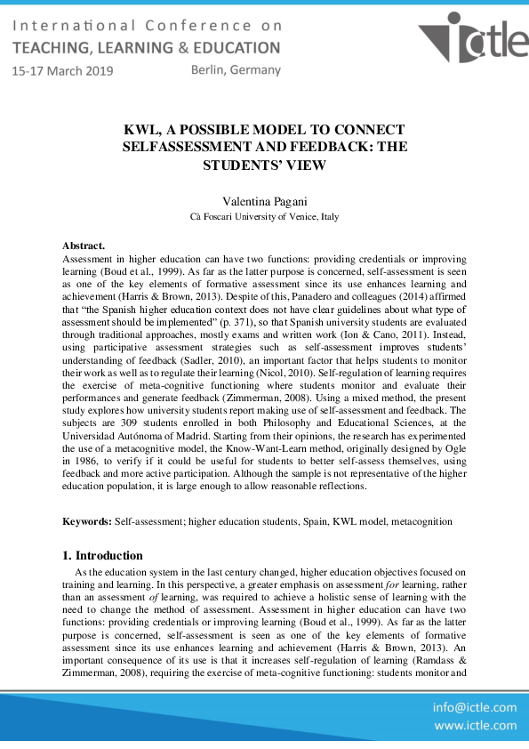 (PDF) KWL as a Possible Model to Connect Self-Assessment and Feedback ...