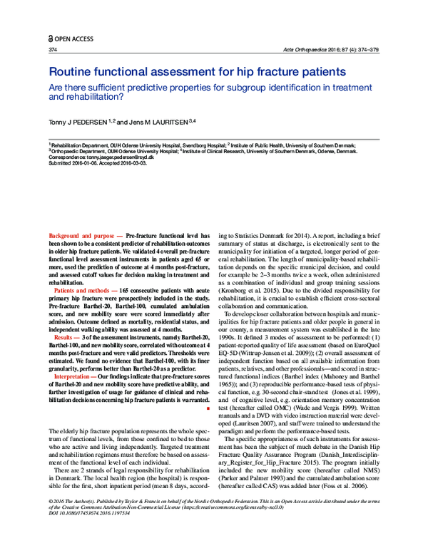 Pdf Routine Functional Assessment For Hip Fracture Patients