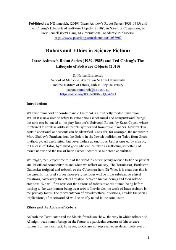 (PDF) Isaac Asimov's Robot Series (1939-1985) and Ted Chiang's ...