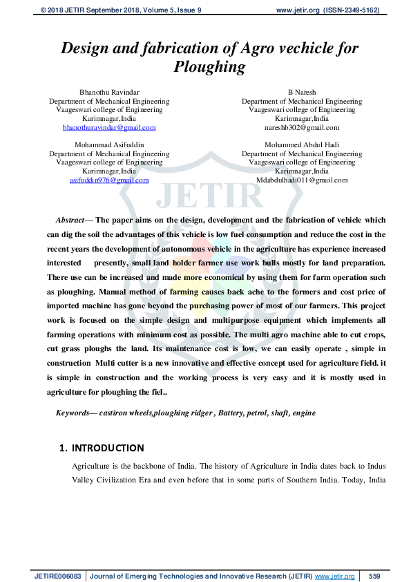 (PDF) Design and fabrication of Agro vechicle for Ploughing