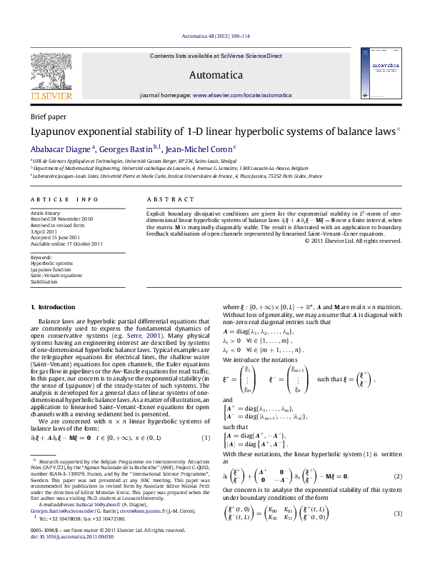 (PDF) Lyapunov exponential stability of linear hyperbolic systems of balance laws