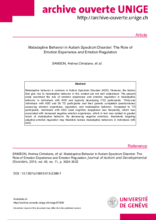 (PDF) Maladaptive Behavior in Autism Spectrum Disorder: The Role of ...