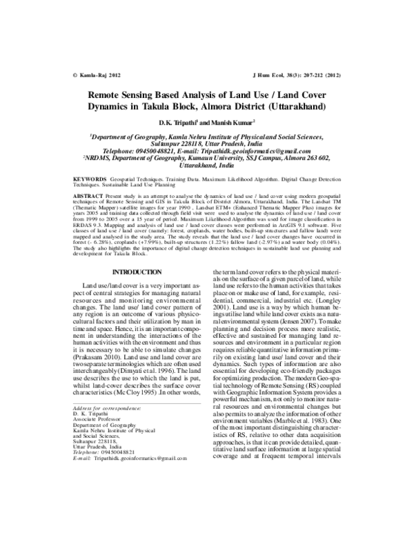 (PDF) Remote Sensing Based Analysis of Land Use / Land Cover Dynamics in Takula Block, Almora ...