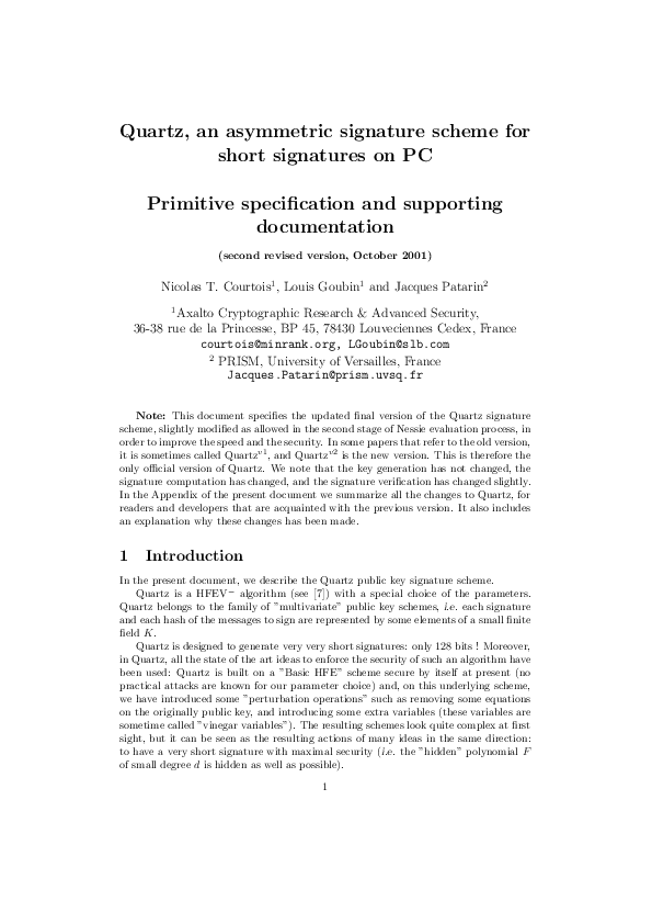 (PDF) Quartz, an asymmetric signature scheme for short signatures on PC ...