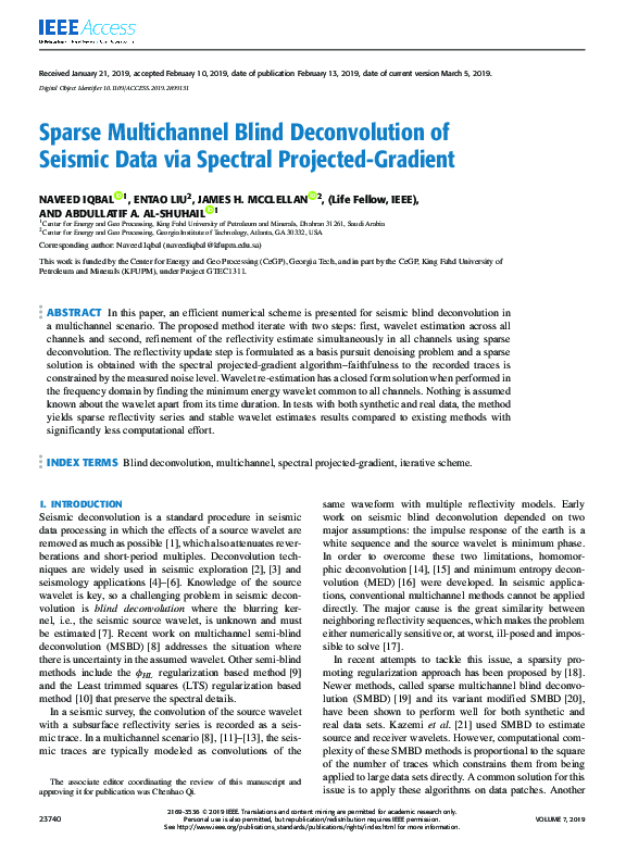 Sparse Multichannel Blind Deconvolution of Seismic Data via Spectral Projected-Gradient