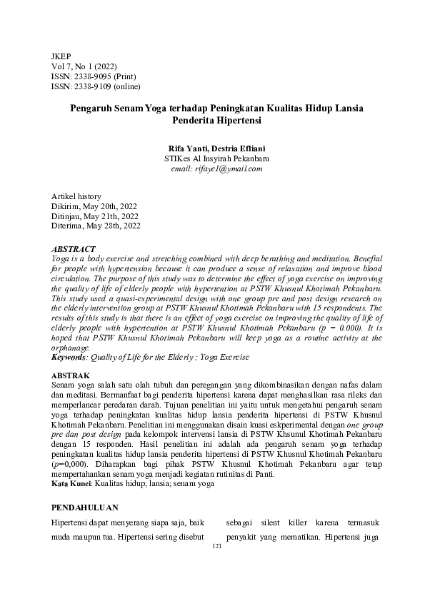 (PDF) Pengaruh Senam Yoga Terhadap Peningkatan Kualitas Hidup Lansia Penderita Hipertensi
