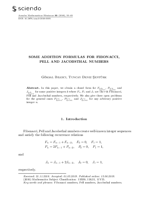 Pdf Some Addition Formulas For Fibonacci Pell And Jacobsthal Numbers