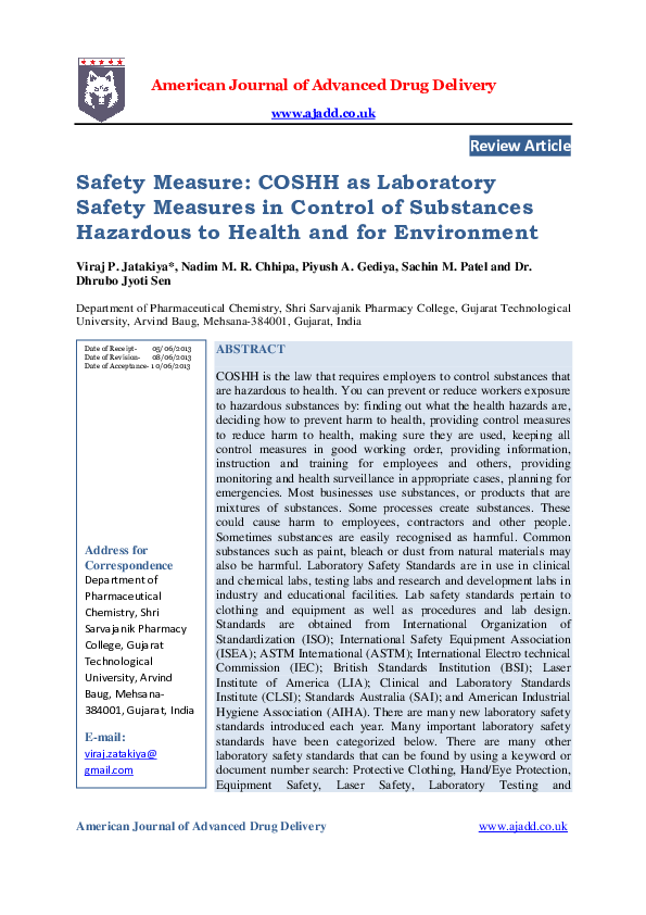 (PDF) Safety Measure: COSHH as Laboratory Safety Measures in Control of ...
