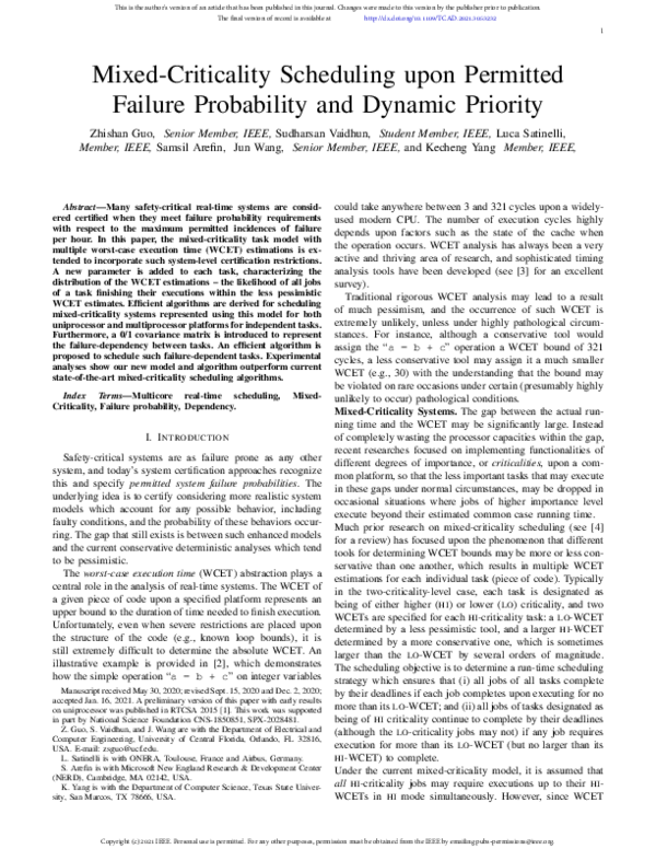 (PDF) Mixed-Criticality Scheduling Upon Permitted Failure Probability and Dynamic Priority