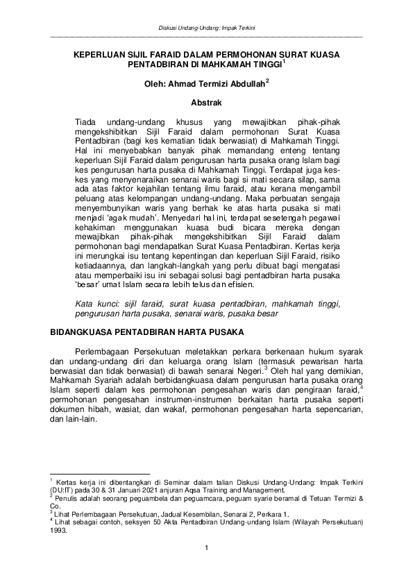 (PDF) KEPERLUAN SIJIL FARAID DALAM PERMOHONAN SURAT KUASA PENTADBIRAN ...