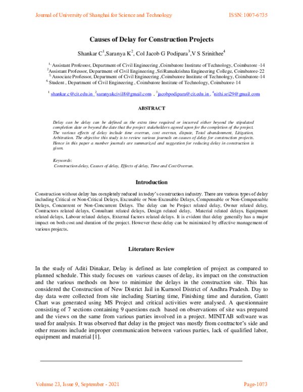 (PDF) Causes of Delay for Construction Projects