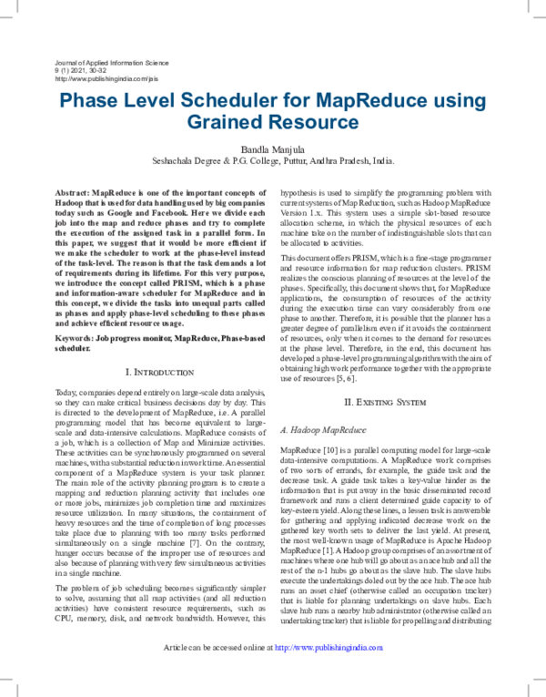 (PDF) Phase Level Scheduler for MapReduce using Grained Resource