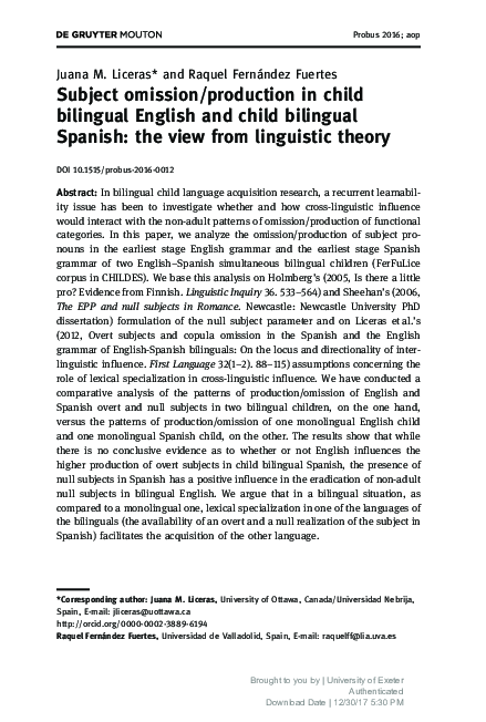 (PDF) Subject omission/production in child bilingual English and child ...