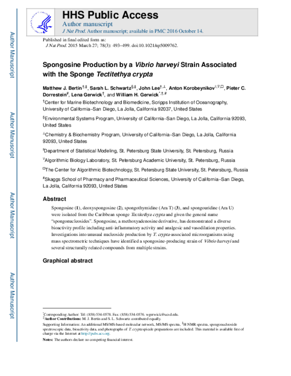 (PDF) Spongosine Production by a Vibrio harveyi Strain Associated with ...