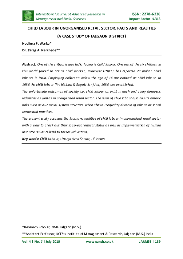 (PDF) Child labour in unorganised retail sector: facts and realities (a ...