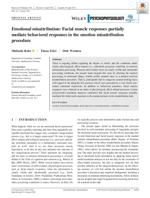 (PDF) Emotional misattribution: Facial muscle responses partially ...