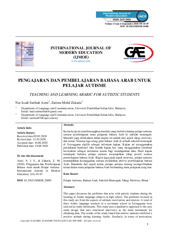 (PDF) Teaching and Learning Arabic for Autistic Students