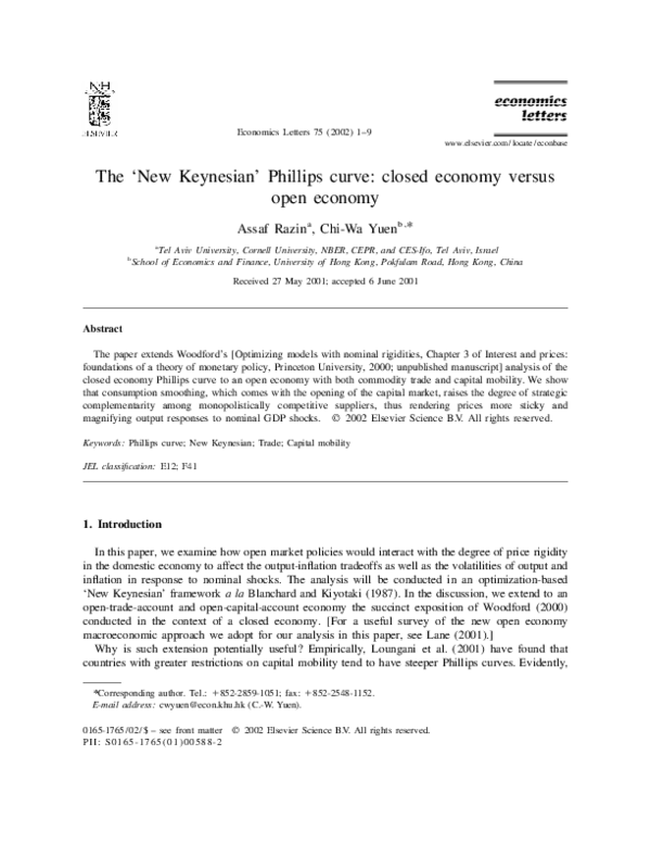 (PDF) The ‘New Keynesian’ Phillips curve: closed economy versus open ...
