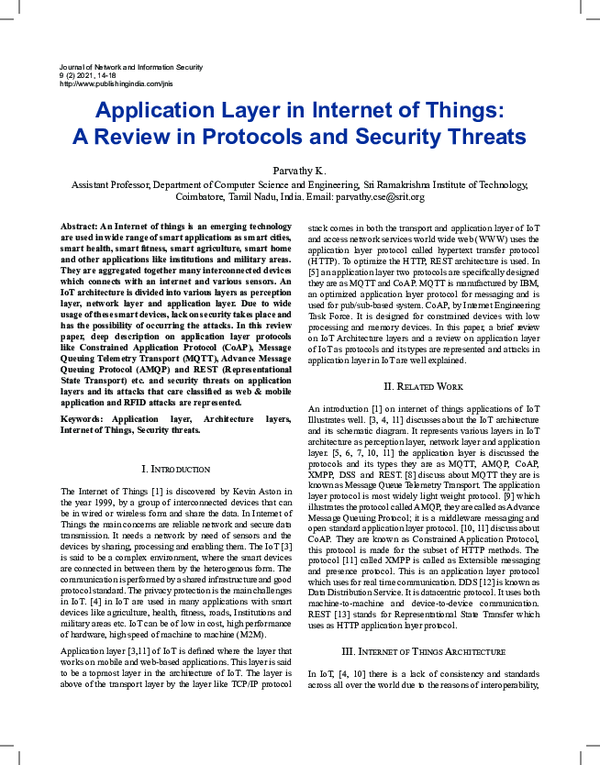 (PDF) Application Layer in Internet of Things: A Review in Protocols and Security Threats