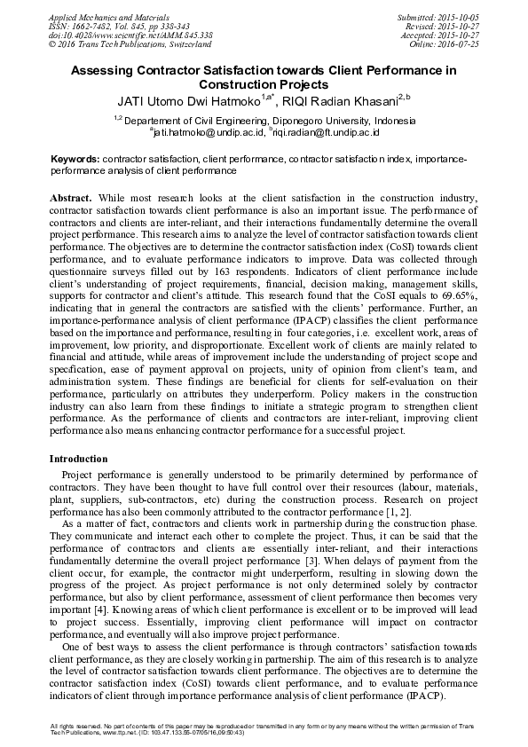 (PDF) Assessing Contractor Satisfaction towards Client Performance in ...