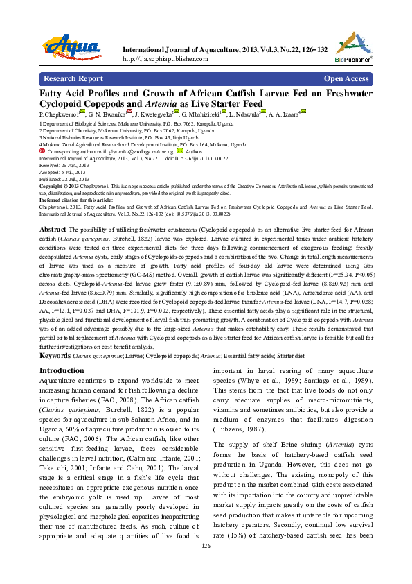 (PDF) Fatty Acid Profiles and Growth of African Catfish Larvae Fed on Freshwater Cyclopoid ...