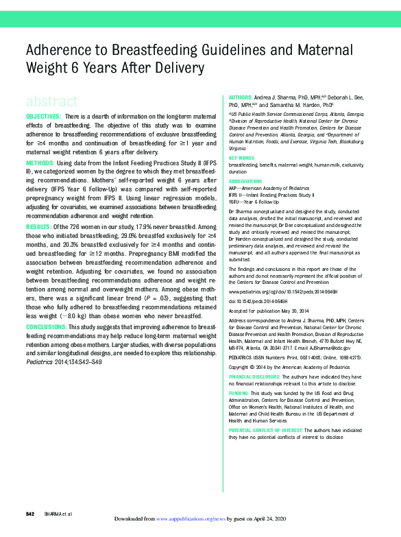 (PDF) Adherence to breastfeeding guidelines and maternal weight 6 years ...