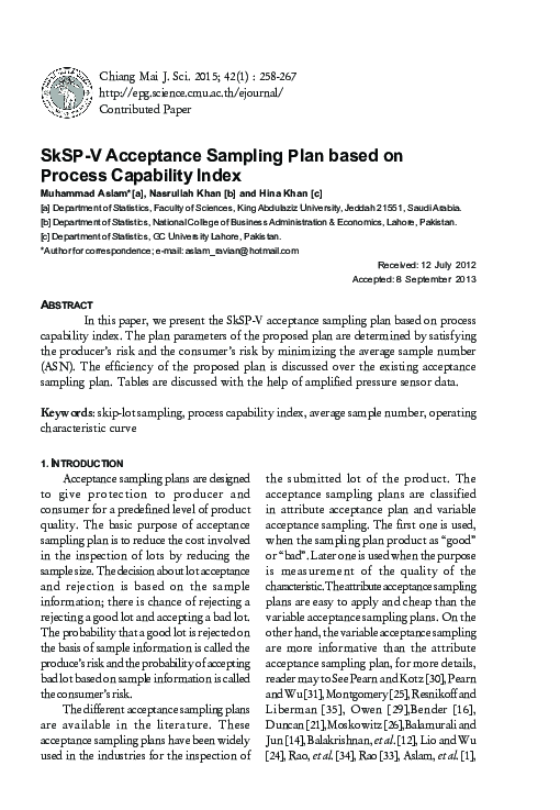 Pdf Sksp V Acceptance Sampling Plan Based On Process Capability Index
