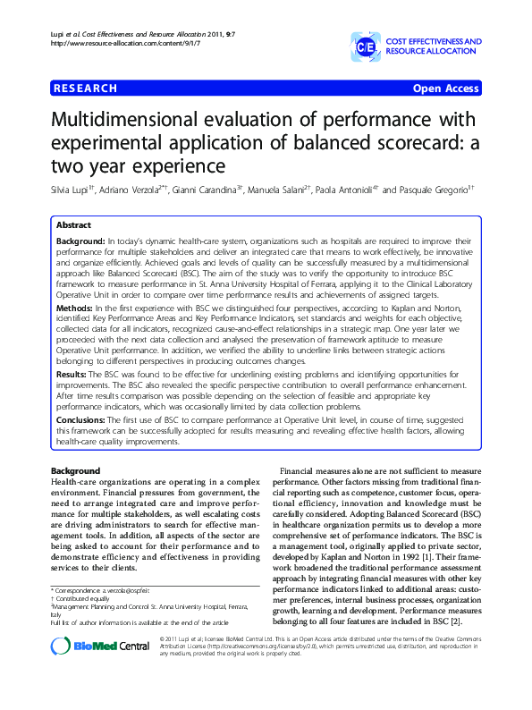 Pdf Multidimensional Evaluation Of Performance With Experimental Application Of Balanced