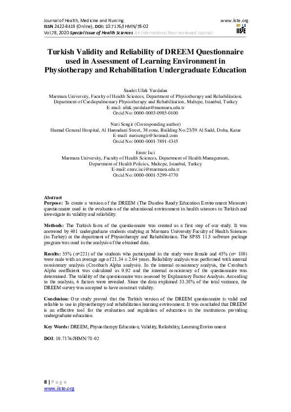 (PDF) Turkish Validity and Reliability of DREEM Questionnaire used in ...