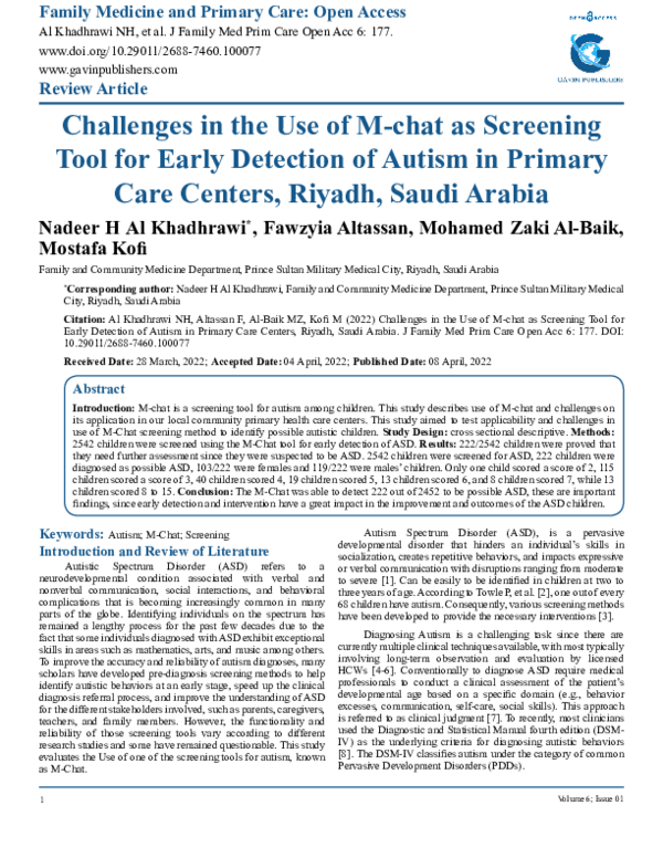 (PDF) Challenges in the Use of M-chat as Screening Tool for Early ...