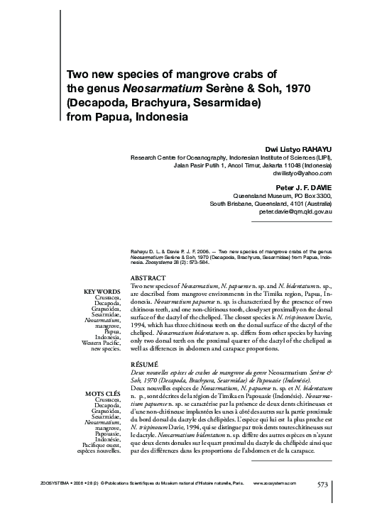 (PDF) Two new species of mangrove crabs of the genus Neosarmatium ...