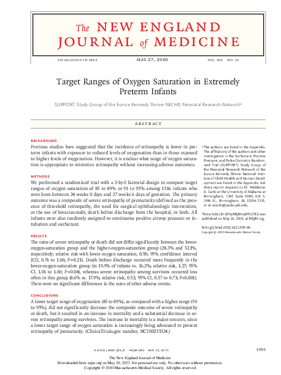 (PDF) Target Ranges of Oxygen Saturation in Extremely Preterm Infants