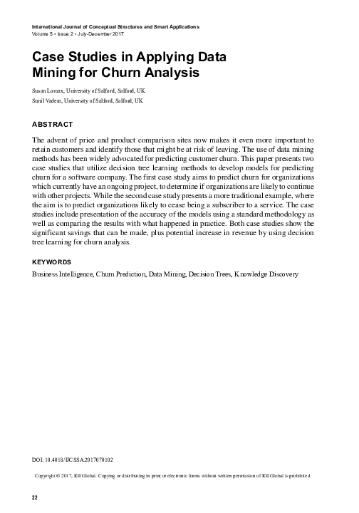 (PDF) Case Studies in Applying Data Mining for Churn Analysis