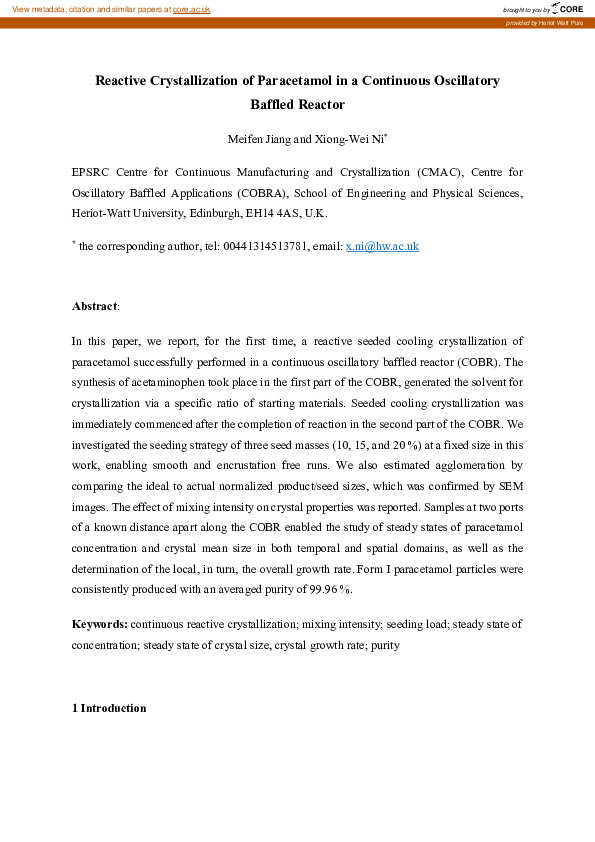 (PDF) Reactive Crystallization of Paracetamol in a Continuous ...