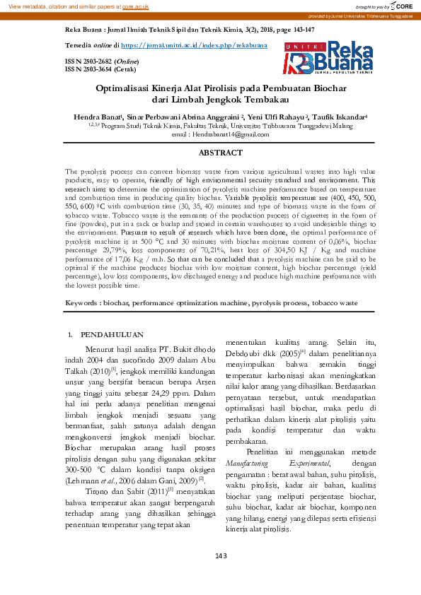 (PDF) Optimalisasi Kinerja Alat Pirolisis pada Pembuatan Biochar dari ...
