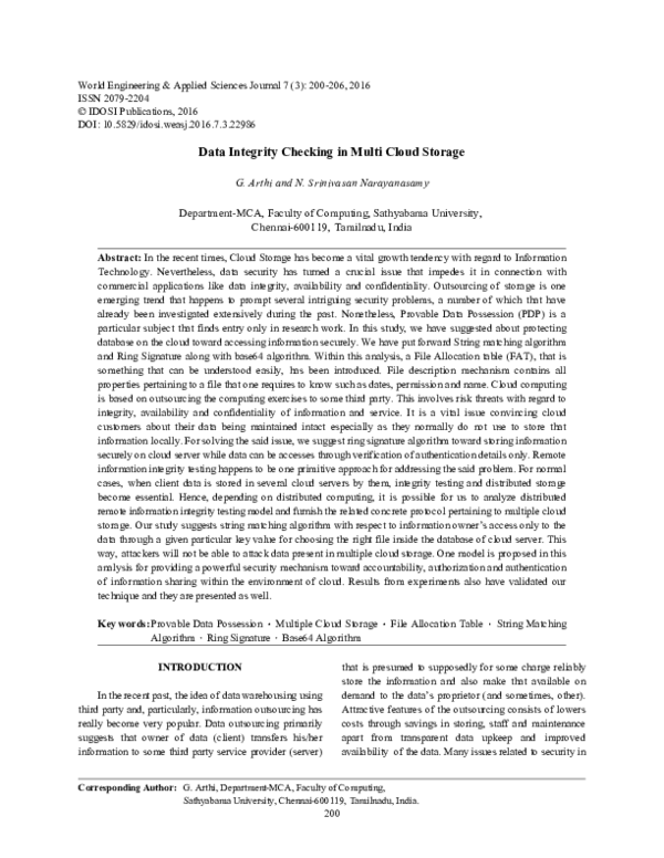 (PDF) Data Integrity Checking in Multi Cloud Storage