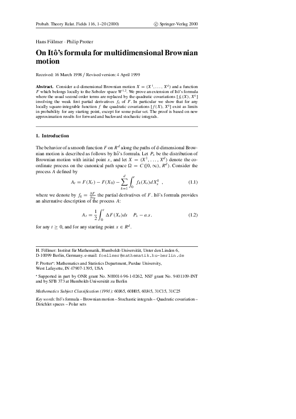 (PDF) On Itô s formula for multidimensional Brownian motion