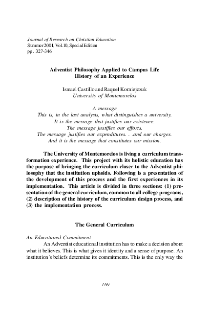 (PDF) Adventist Philosophy Applied to Campus Life: History of an Experience