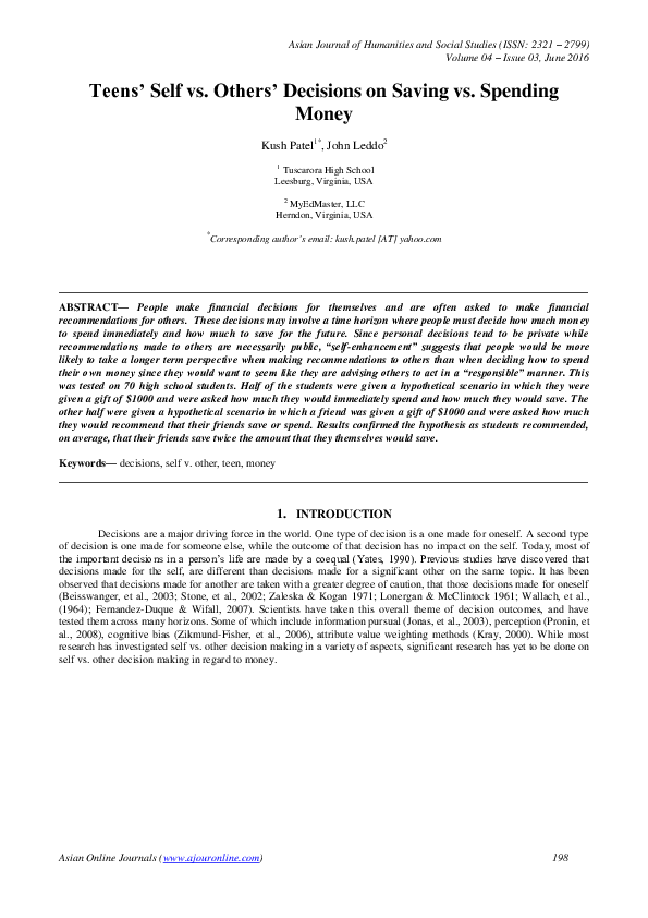 (PDF) Teens’ Self vs. Others’ Decisions on Saving vs. Spending Money