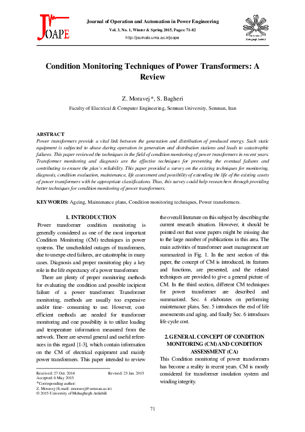 Pdf Condition Monitoring Techniques Of Power Transformers A Review