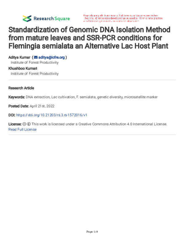 Pdf Standardization Of Genomic Dna Isolation Method From Mature Leaves And Ssr Pcr Conditions