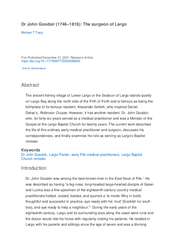 (PDF) Dr John Goodsir (1746-1816): The surgeon of Largo