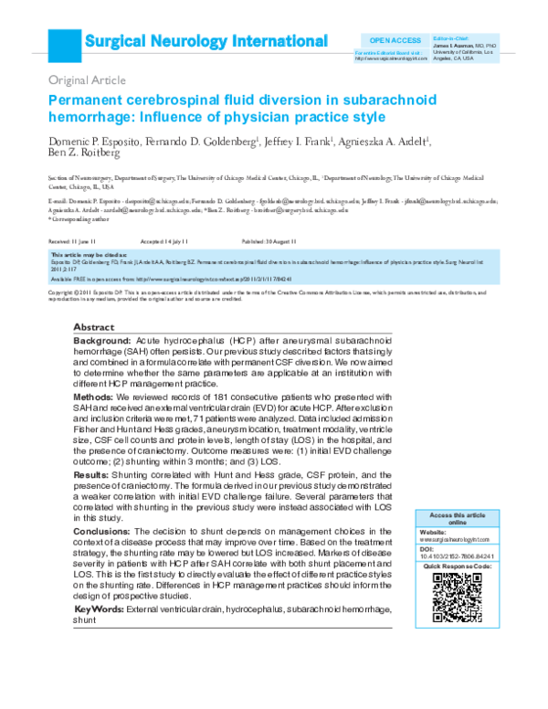 (PDF) Permanent cerebrospinal fluid diversion in subarachnoid ...