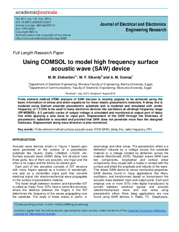 (PDF) Using COMSOL to model high frequency surface acoustic wave (SAW) device