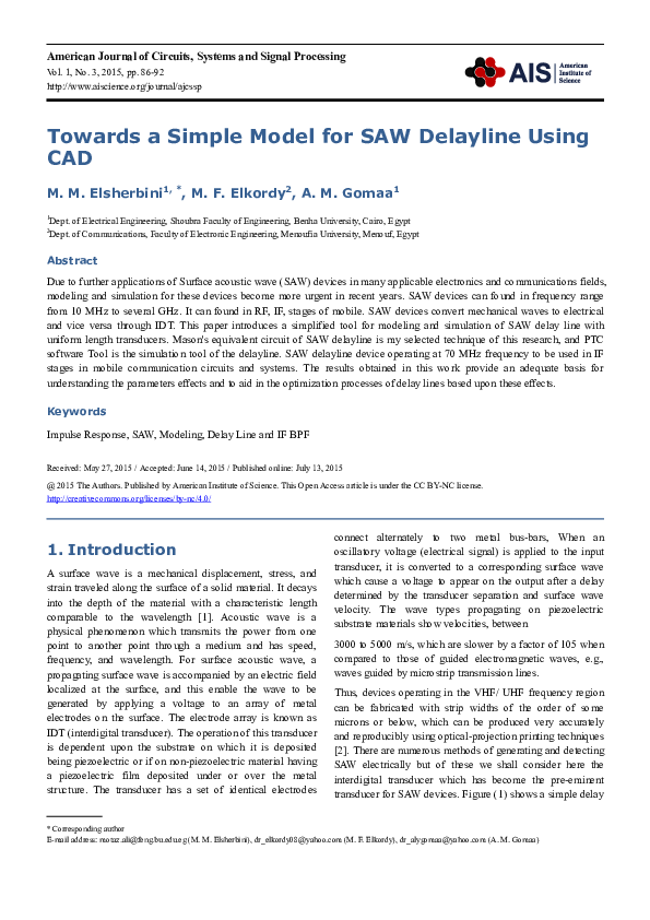(PDF) Towards a Simple Model for SAW Delayline Using CAD