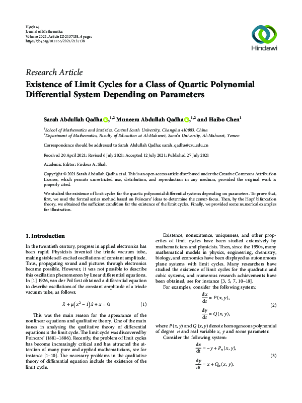 Pdf Existence Of Limit Cycles For A Class Of Quartic Polynomial